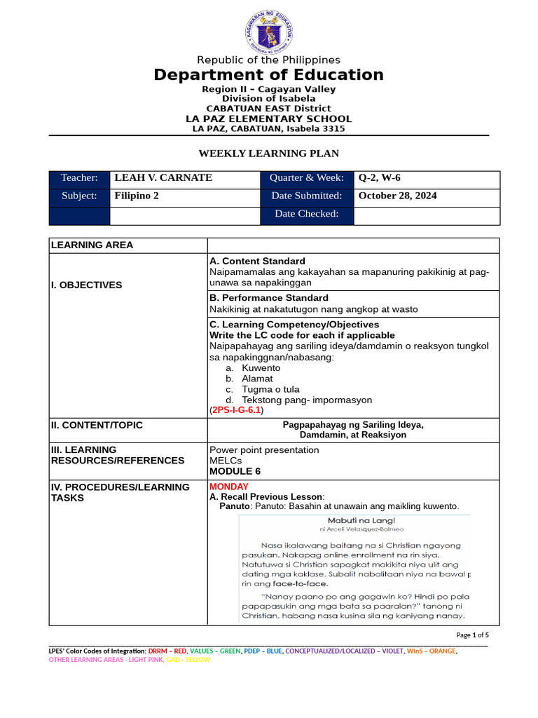 DLL - FILIPINO 2 Week 6 2nd Quarter | PDF