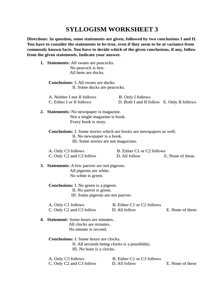 Syllogism Worksheet 3 | PDF | Travel