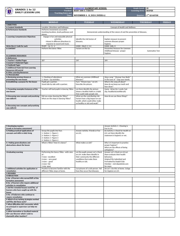 DLL - Mapeh 3 - Q2 - W6 | PDF | Learning | Teachers
