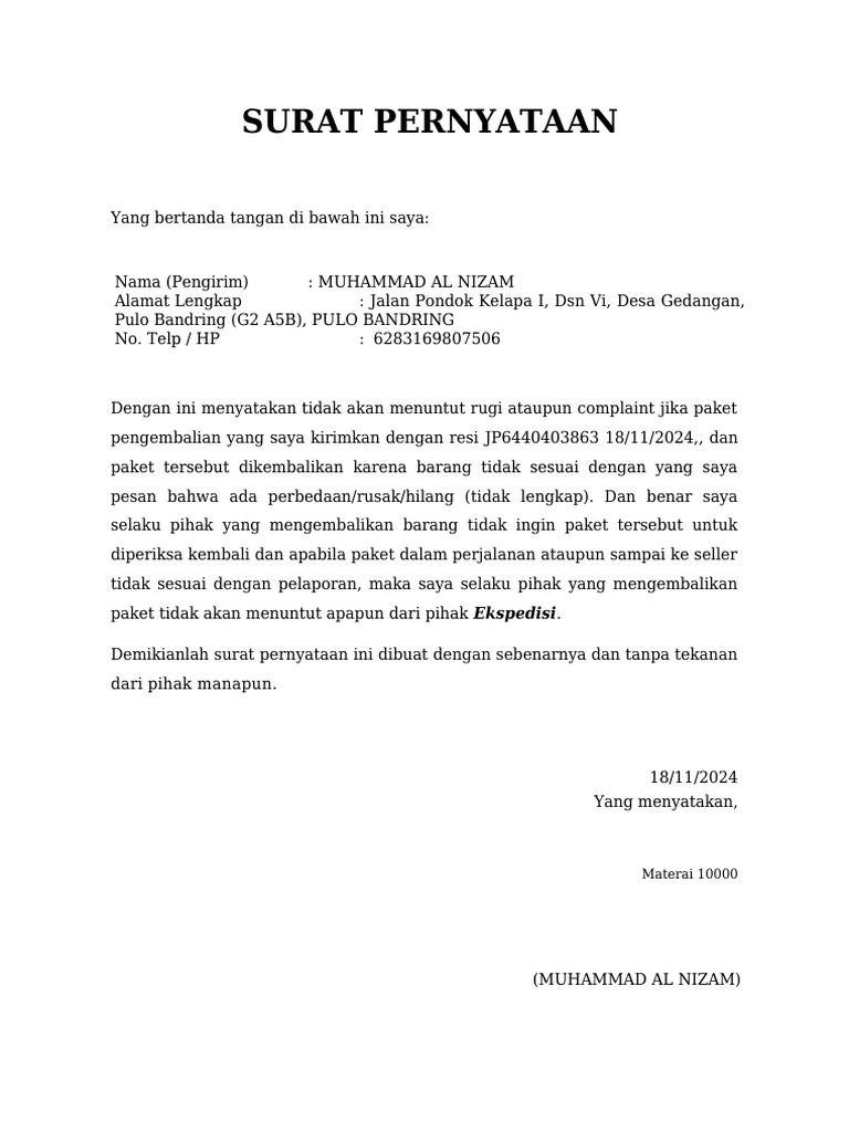 Surat Pernyataan Pengirim | PDF