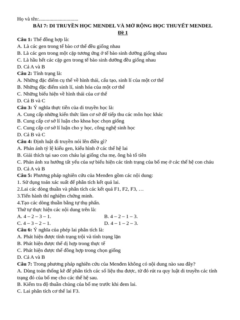 Bai 7+8 - Sinh 12 - Di Truyen Mendel - Di Truyen Lien Ket | PDF