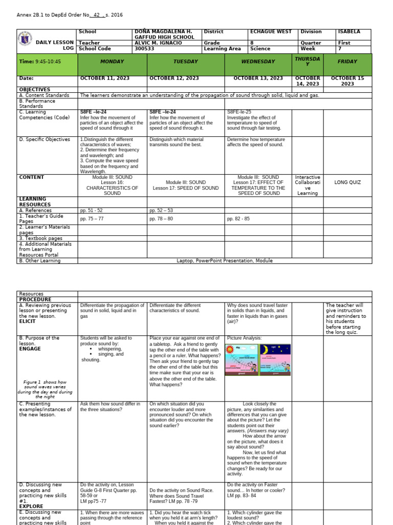 Sci 8 - DLL - W7 | PDF | Sound | Waves