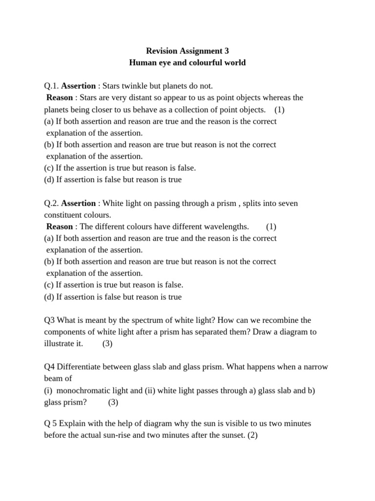 Revision Assignment 3 (Human Eye and Colourful World) | PDF | Light ...