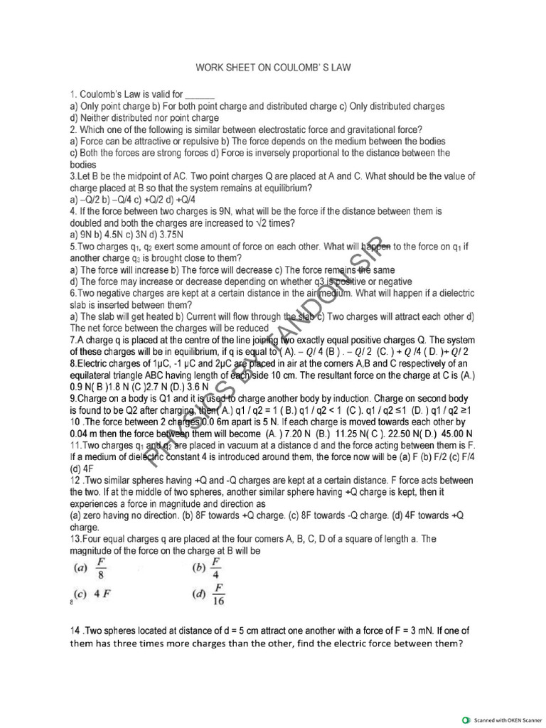 Work Sheet On Coulomb S Law | PDF