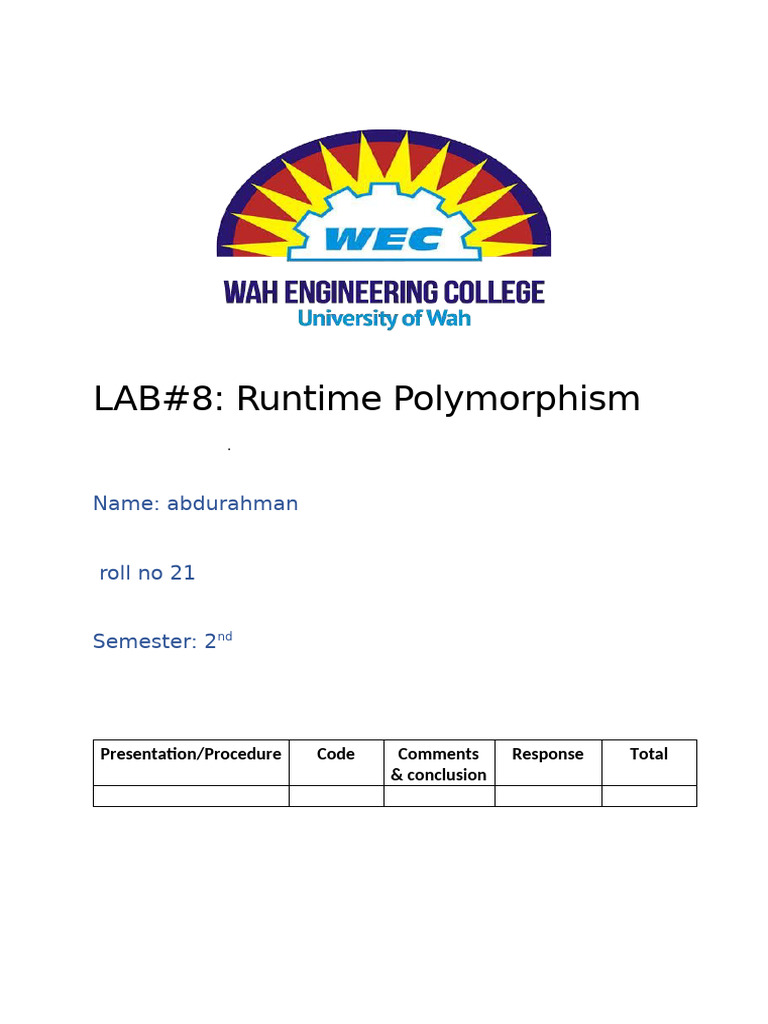 Lab8 Runtime Polymorphism Pdf Area Inheritance Object Oriented Programming