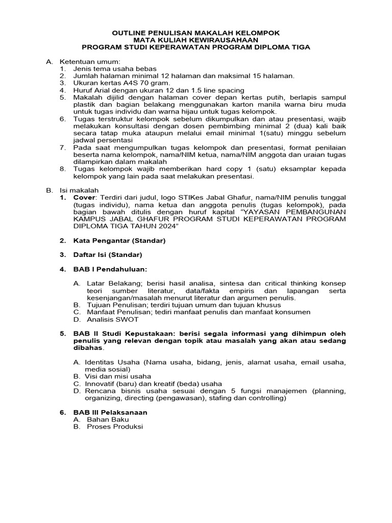 Outline Tugas Kelompok - Kewirausahaan | PDF