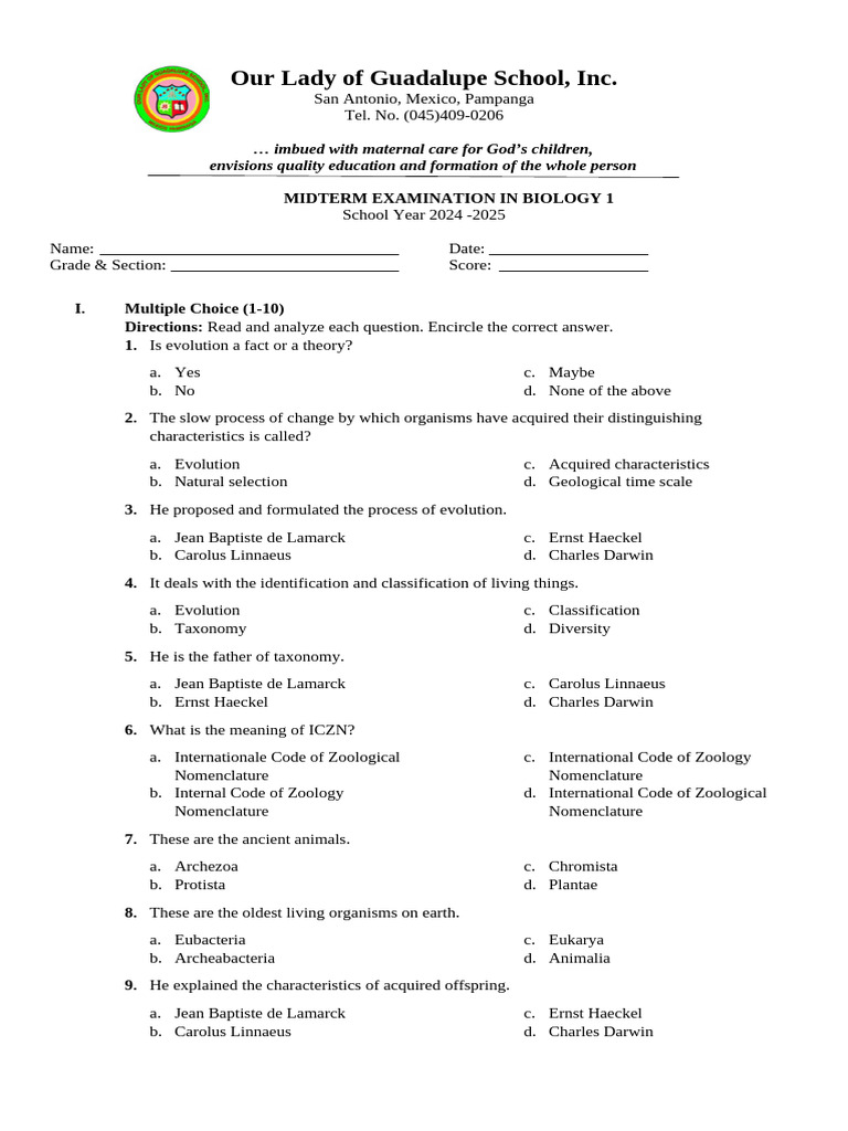 Biology Midterm Exam 2024-2025 | PDF | Zoology | Taxonomy (Biology)