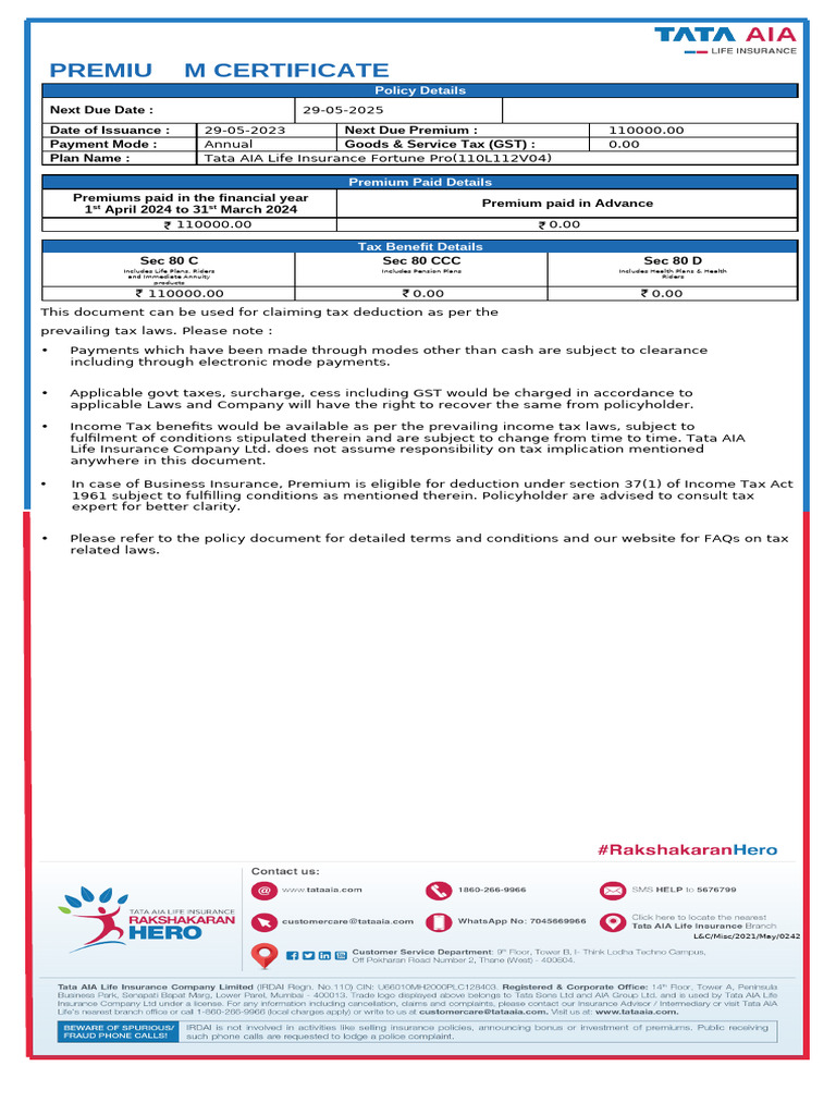 TATA AIA Tax Certificate | PDF | Insurance | Life Insurance
