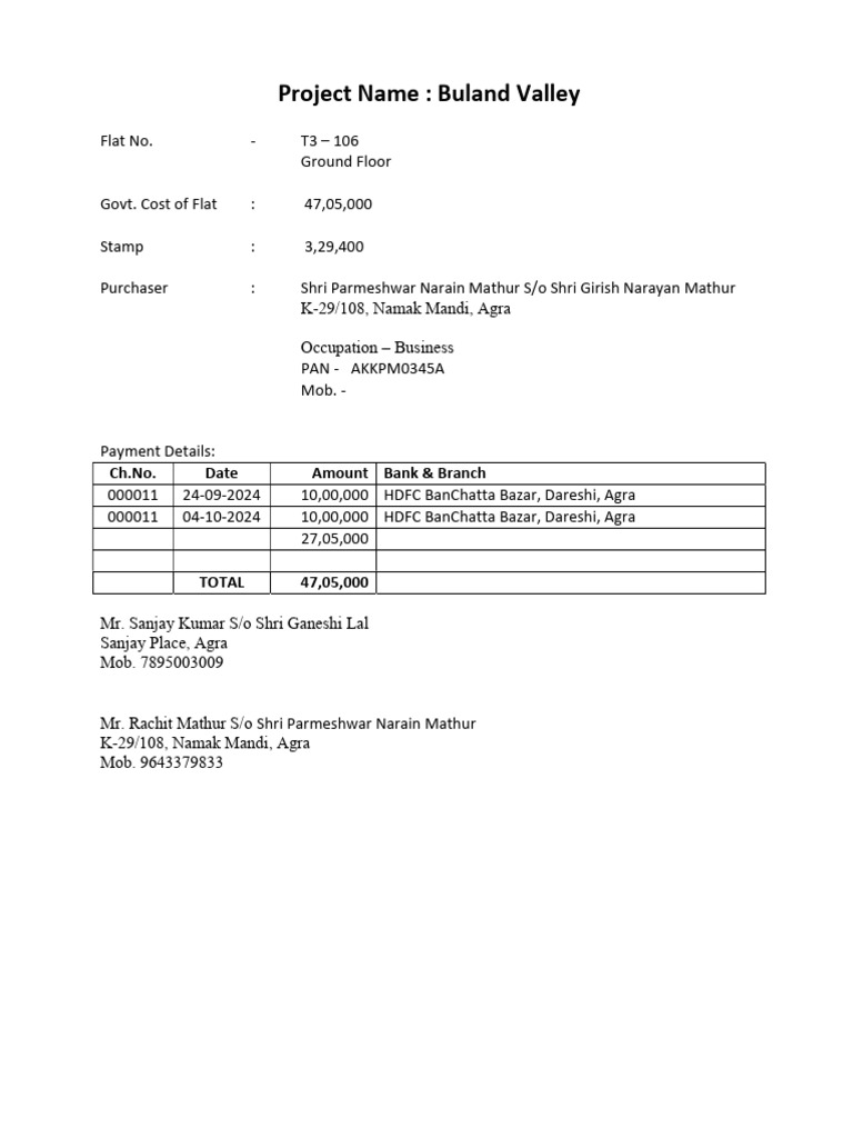 Buland Valley Flat Purchase Details | PDF
