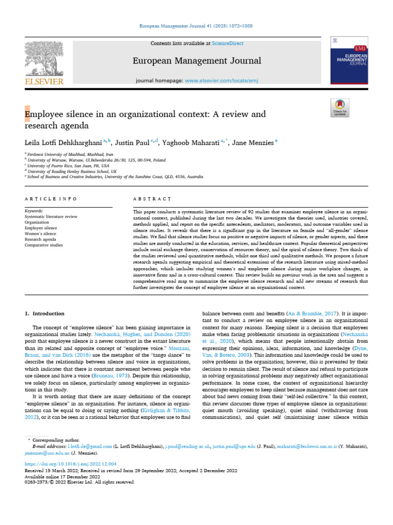 Employee Silence in An Organizational Context A Rev - 2023 - European ...