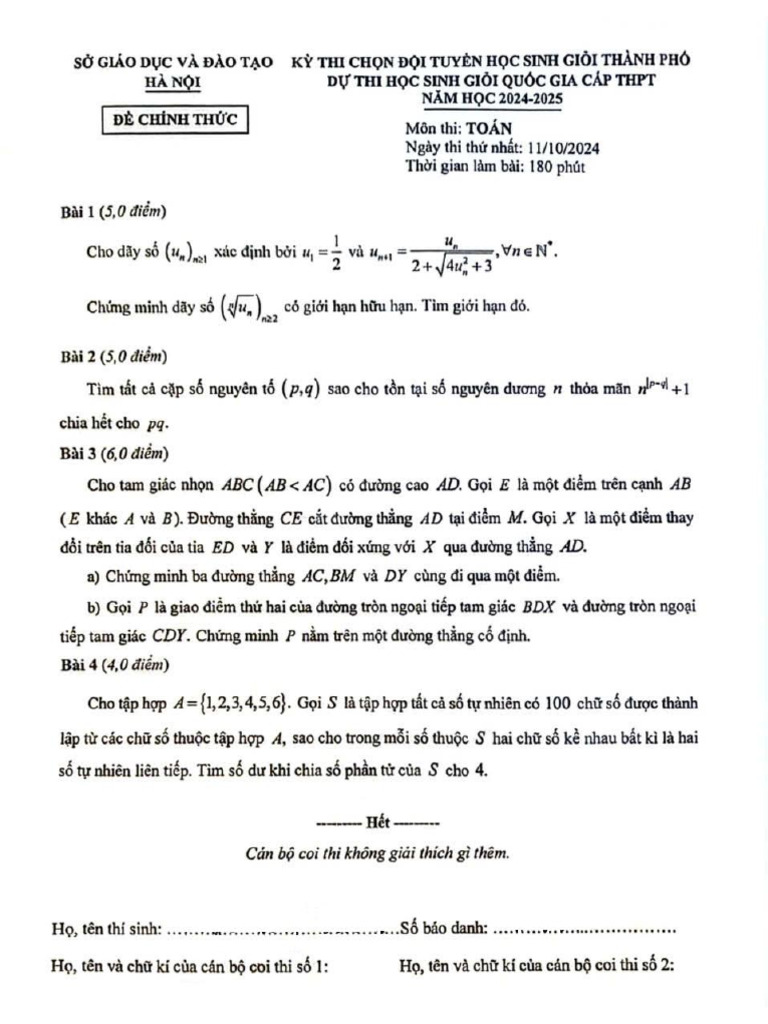 De Chon Doi Tuyen Thi HSG QG Mon Toan THPT Nam 2024 2025 So GDDT Ha Noi | PDF