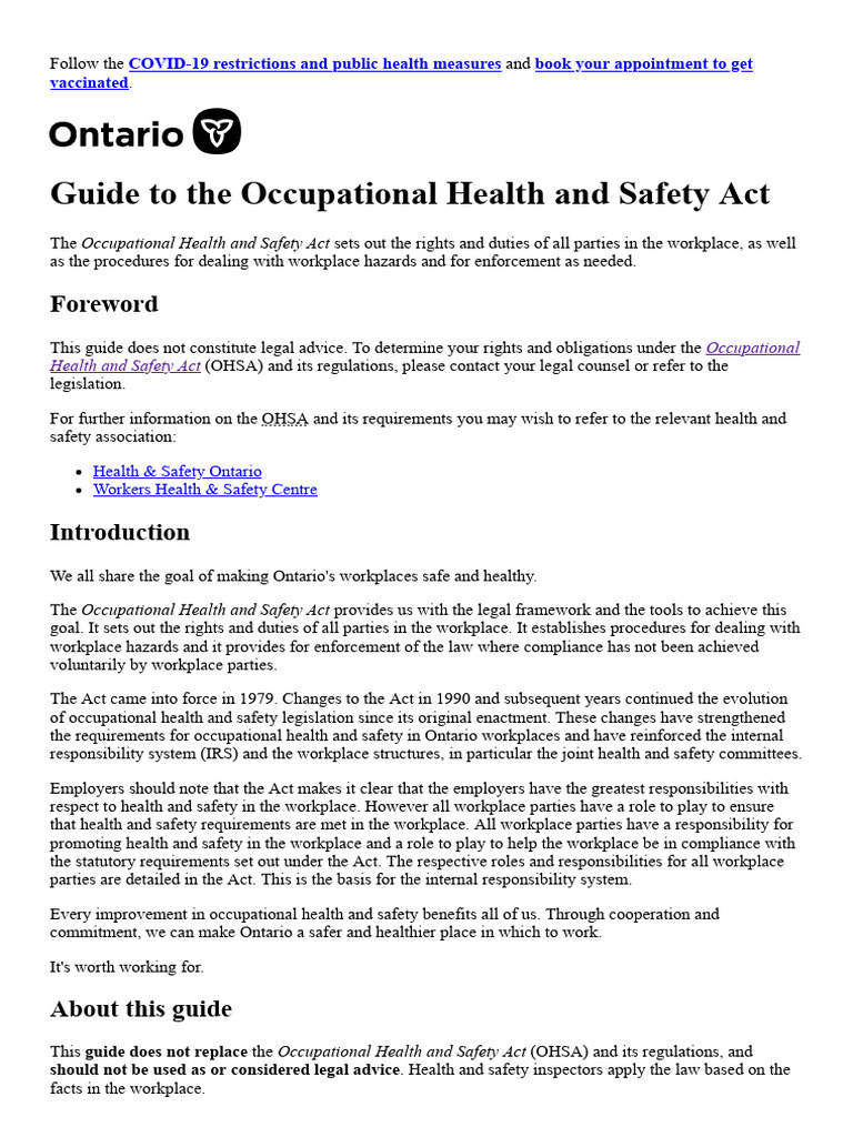 A Guide To OHSA - Ontario | PDF | Occupational Safety And Health | Safety