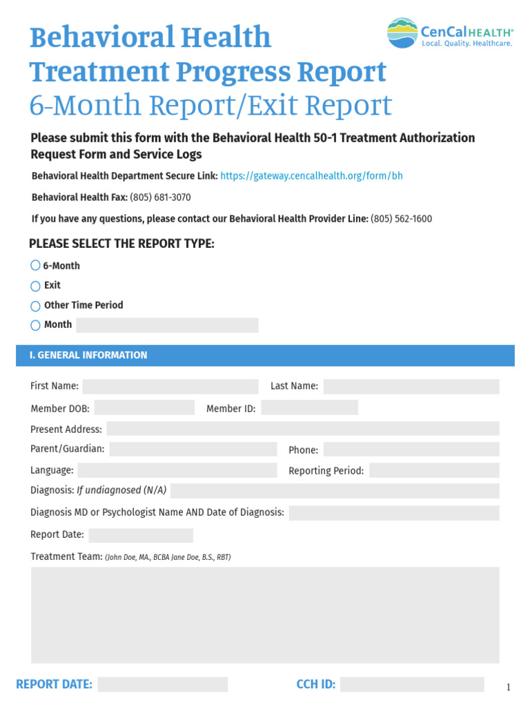 6-Month Report/Exit Report: Behavioral Health Treatment Progress Report ...