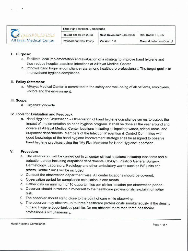 IPC-05 Hand Hygiene Compliance | PDF
