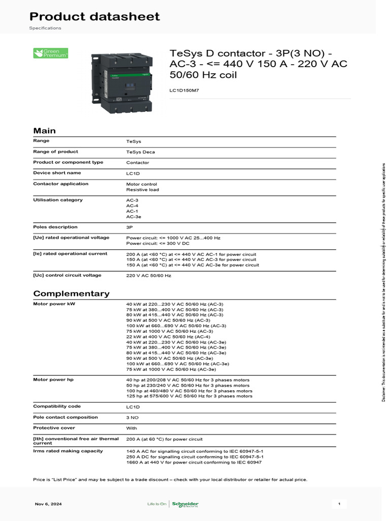 TeSys D Contactor LC1D150M7 Datasheet | PDF | International ...