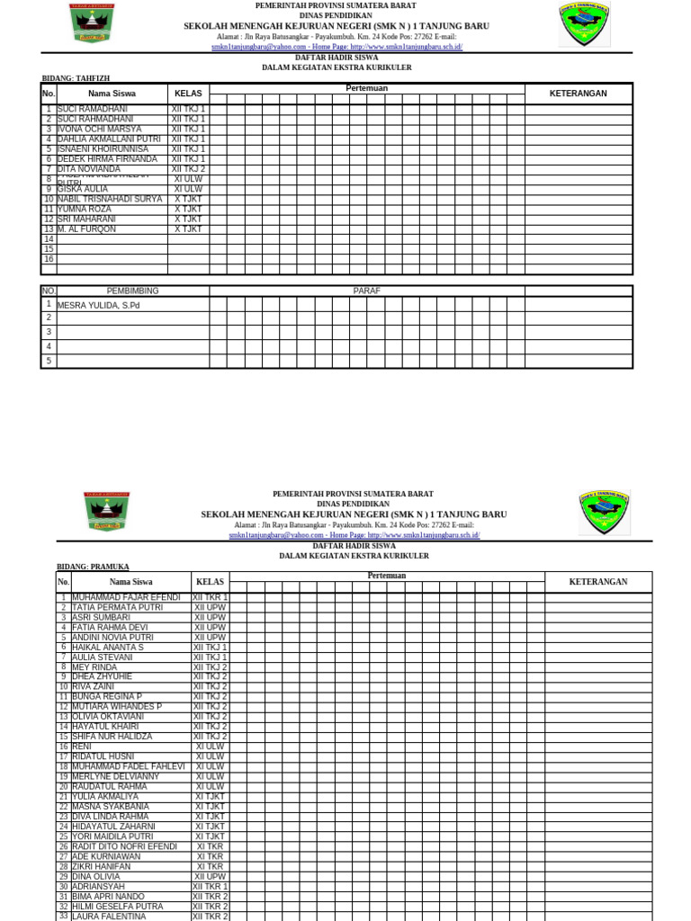 Daftar Hadir Ekstrakurikuler SMK N 1 Tanjung Baru | PDF