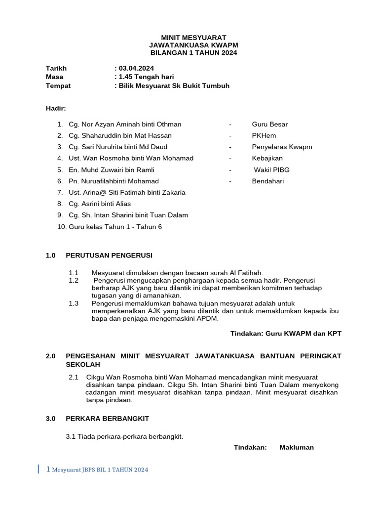 MINIT-MESYUARAT-KWAPM Kali Ke1 2024 | PDF