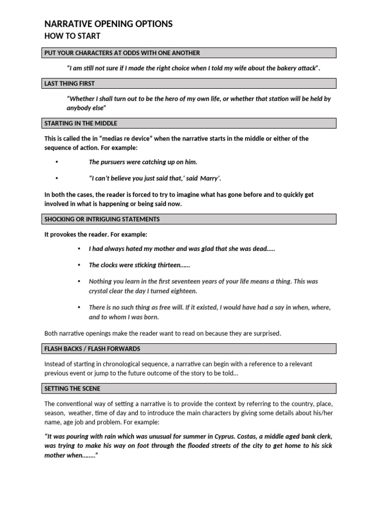 NARRATIVE OPENING OPTIONS | PDF | Adverb | Linguistics