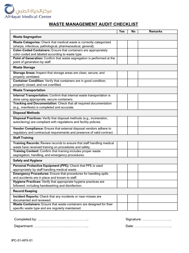 IPC-01-APX-01 Waste Management Audit Checklist | PDF | Business | Wellness