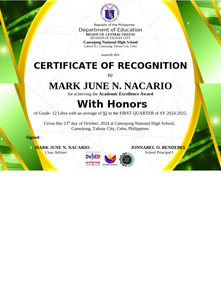 1ST-QUARTER-CERTIFICATE-HONORS.FINAL | PDF