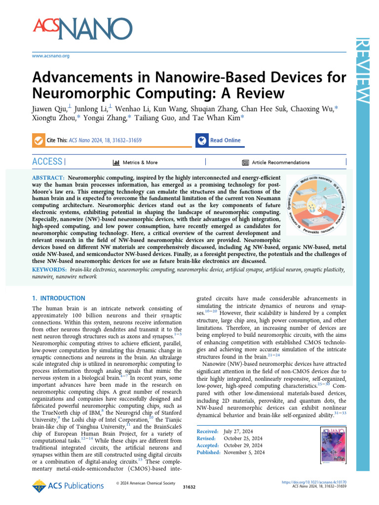 Qiu Et Al 2024 Advancements in Nanowire Based Devices For Neuromorphic Computing A Review | PDF ...