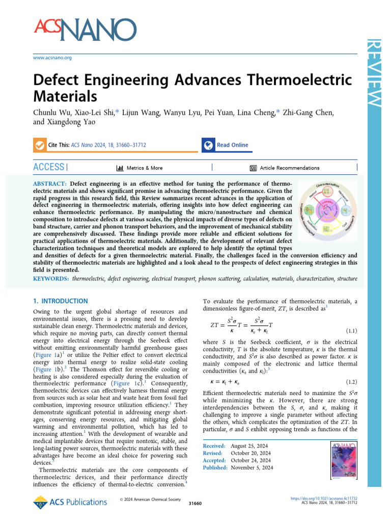 Wu Et Al 2024 Defect Engineering Advances Thermoelectric Materials ...