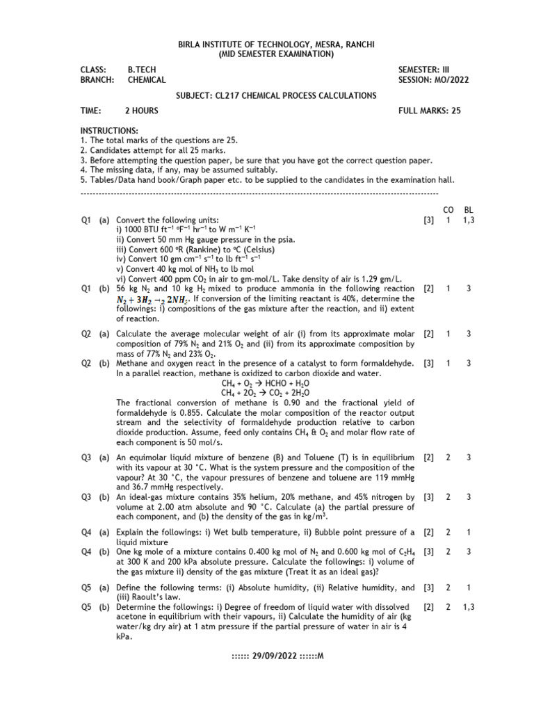 CL217 Chemical Process Calculations (Mid - Mo22) | PDF | Methane | Pressure
