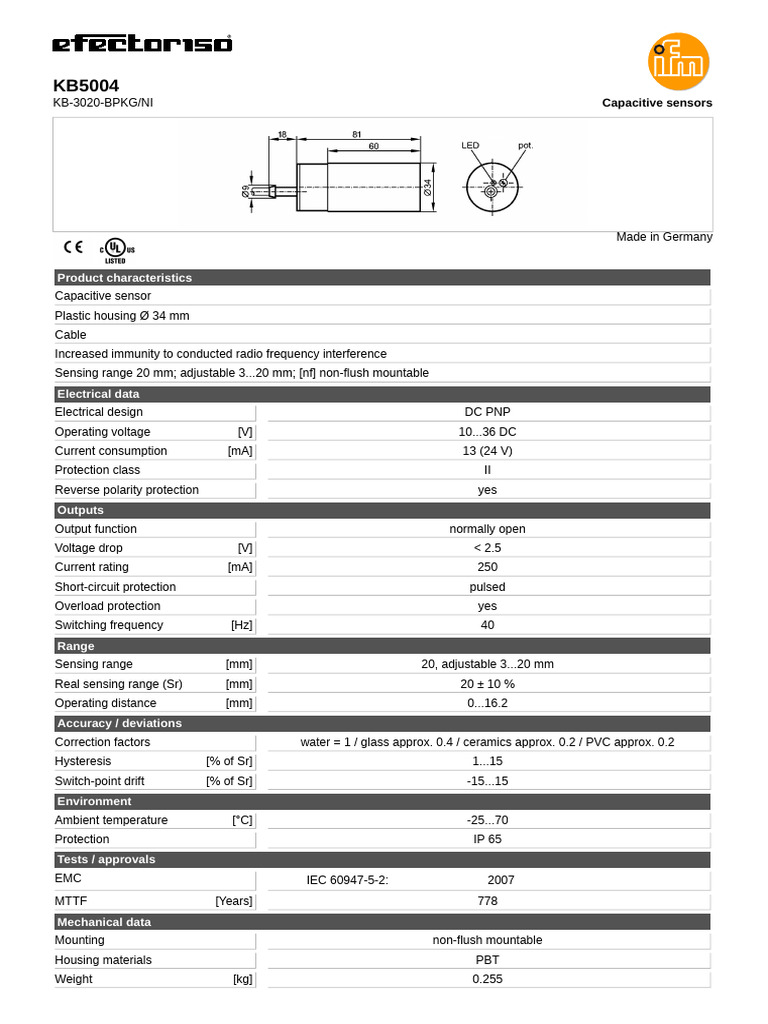 Capacitive Sensor Specifications KB5004 | PDF | Capacitor | Electrical ...
