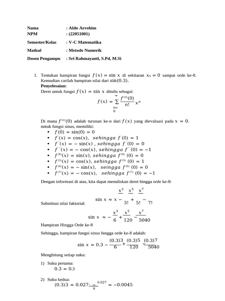 Metode Numerik Aldo Arrohim (22051001) V-C | PDF