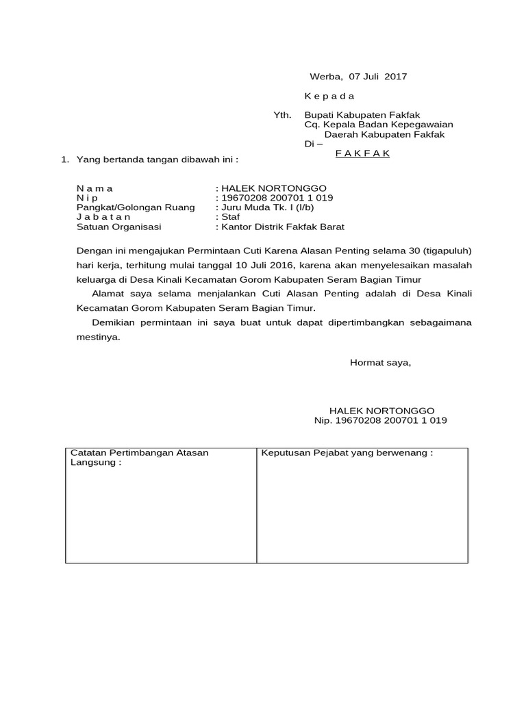 Permohonan Cuti Alasan Penting | PDF