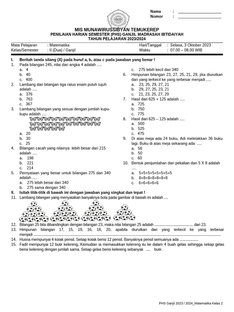 Kelas 2 - PHS 1 MTK | PDF