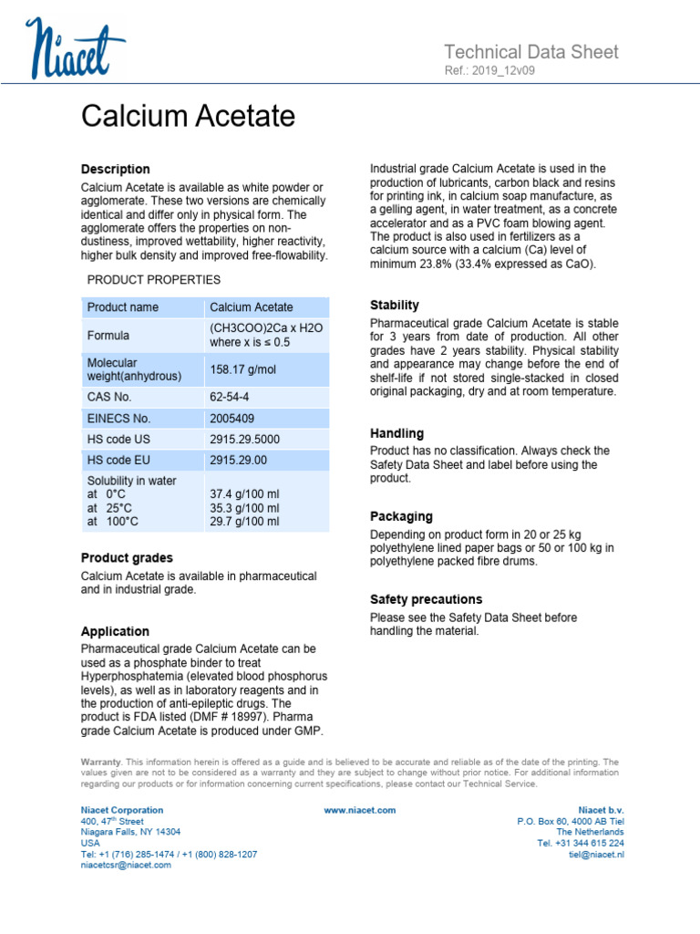 Calcium Acetate Technical Data Sheet | PDF | Calcium | Materials