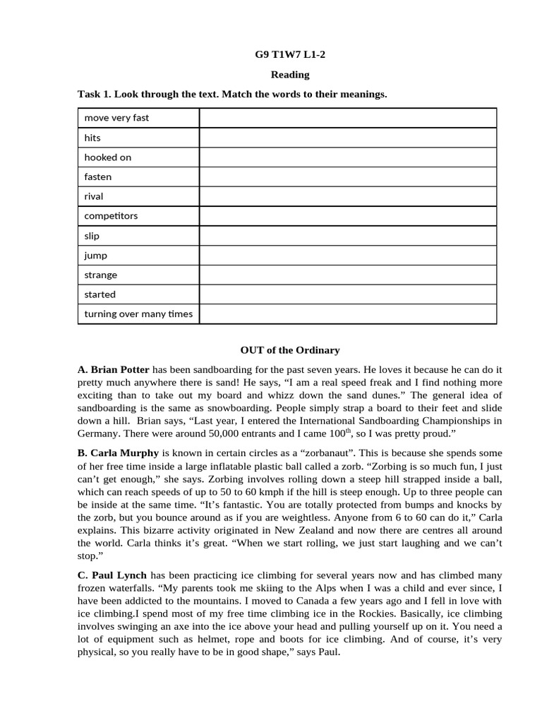 English Grade 9 Sport Event Handout 2 | PDF | Word