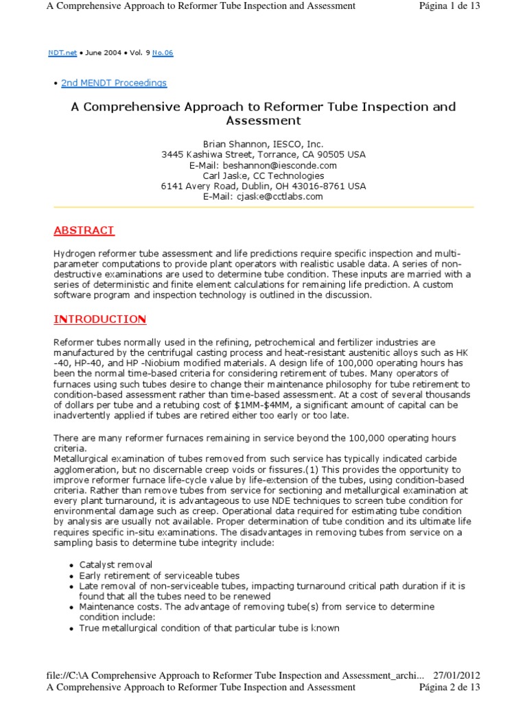 A Comprehensive Approach To Reformer Tube Inspection | PDF | Prediction ...