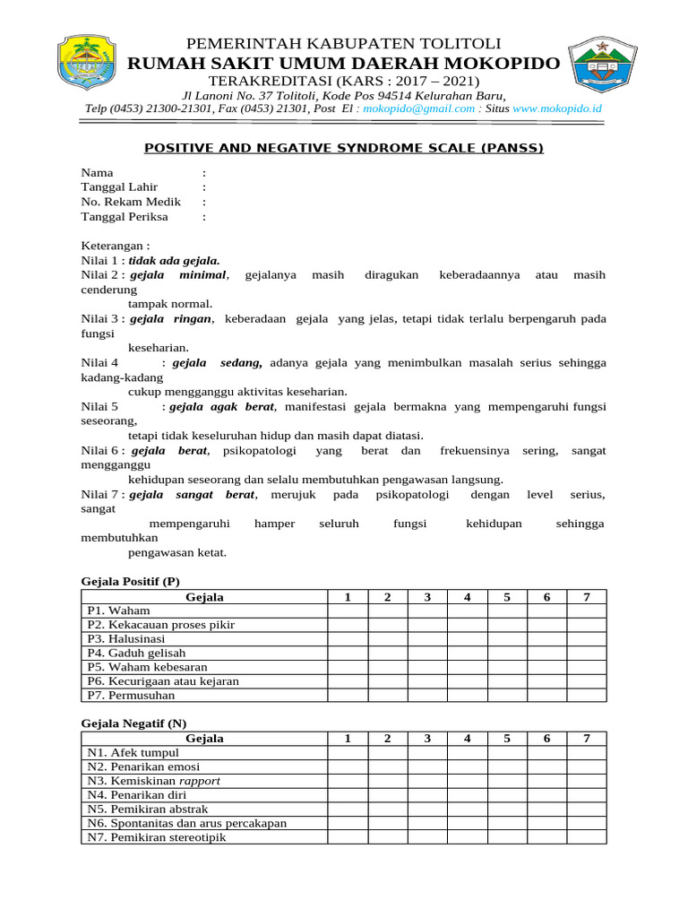 Skala PANSS RSUD Mokopido Tolitoli | PDF | Pengembangan Diri