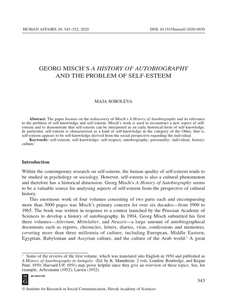 Soboleva, M., Georg Misch's A History of Autobiography' and The Problem ...