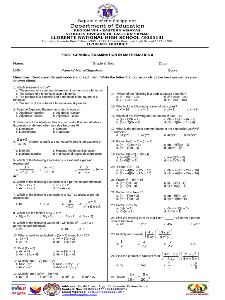 2024 Math8 Exam Removal Q1 | PDF | Mathematics | Elementary Mathematics