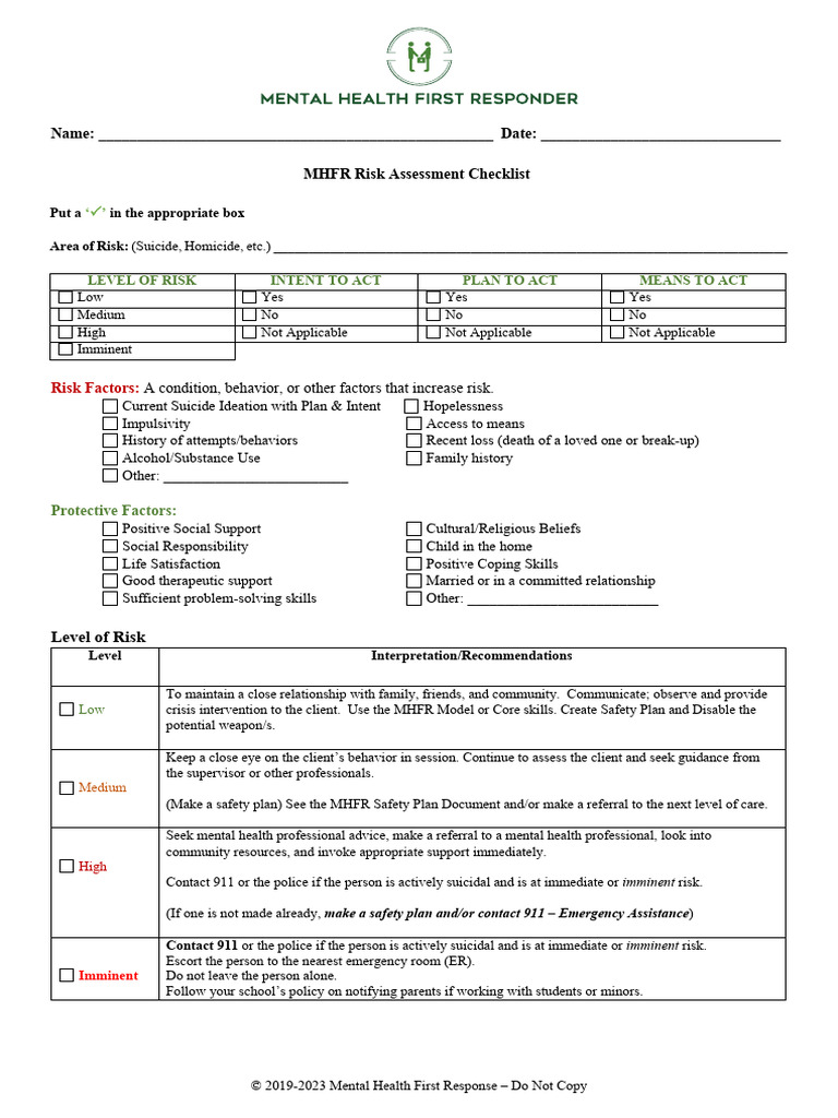 Modified Risk Assessment Checklist - 2022 MHFR | PDF | Mental Health ...