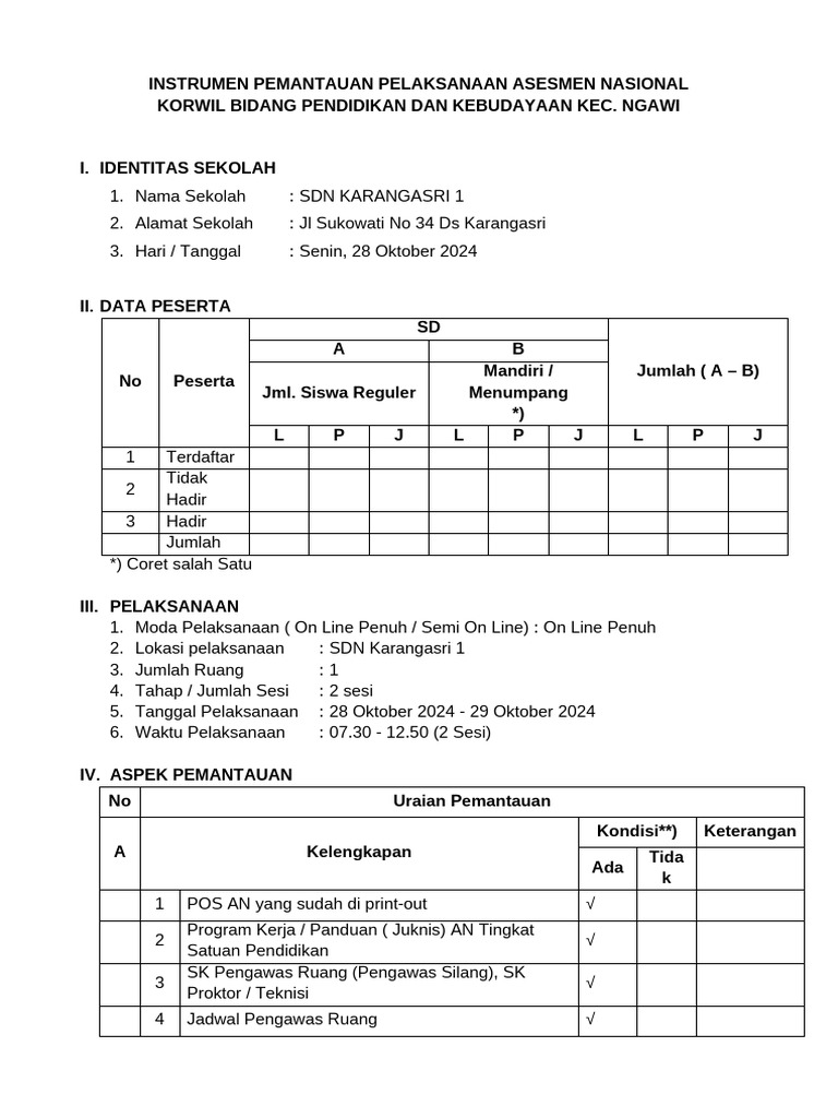 Instrumen Pemantauan Pelaksanaan Asesmen Nasional | PDF