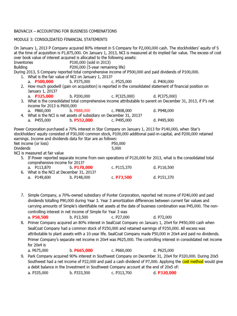 BADVAC1X - MOD 3 CONSO FS SUBS (Review Problem) | PDF | Dividend | Equity (Finance)