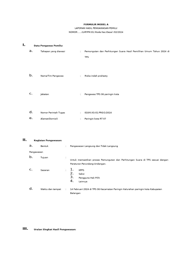 Tungsura Formulir Model A Tps 06 Parkot | PDF