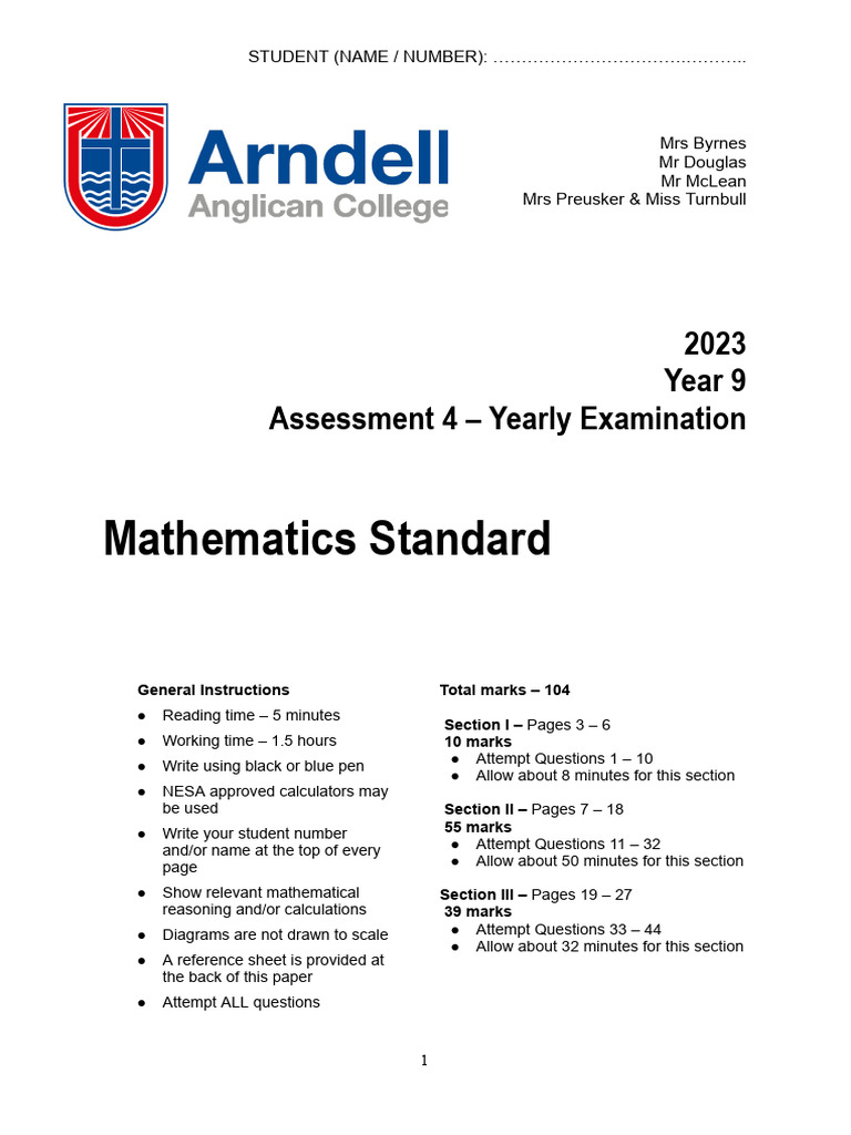 23 Yr9 Maths STD AT4 TEST-1 | PDF | Triangle | Significant Figures