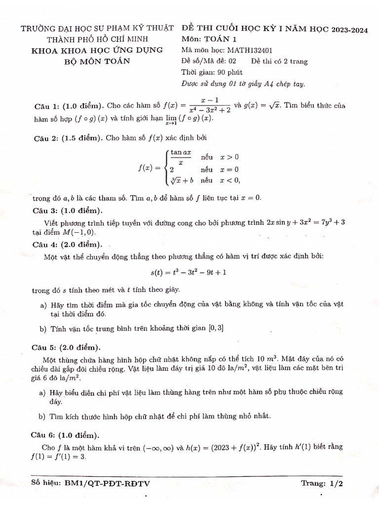Toán 1 Hk1 23-24 - Sao Chép | PDF
