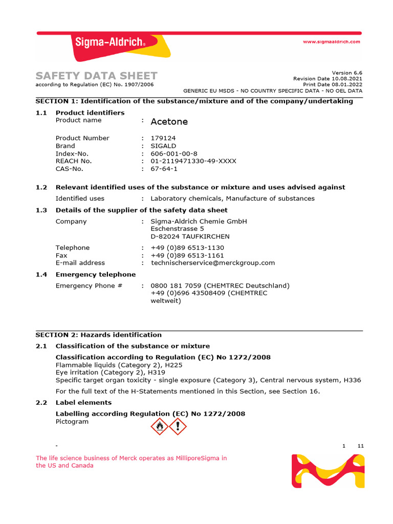 Sds Acetone | PDF | Chemistry