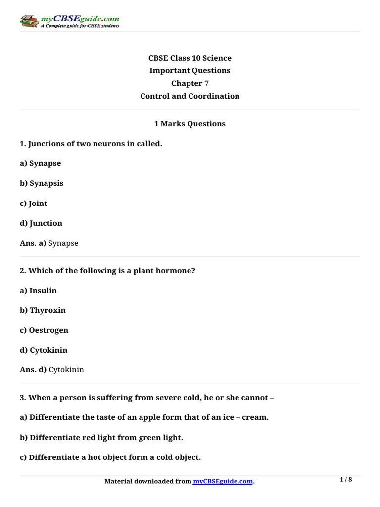10_science_imp_ch7_1 | PDF | Hormone | Brain