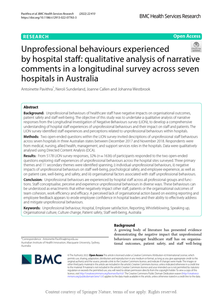 Unprofessional Behaviours Experienced by Hospital | PDF | Creative ...