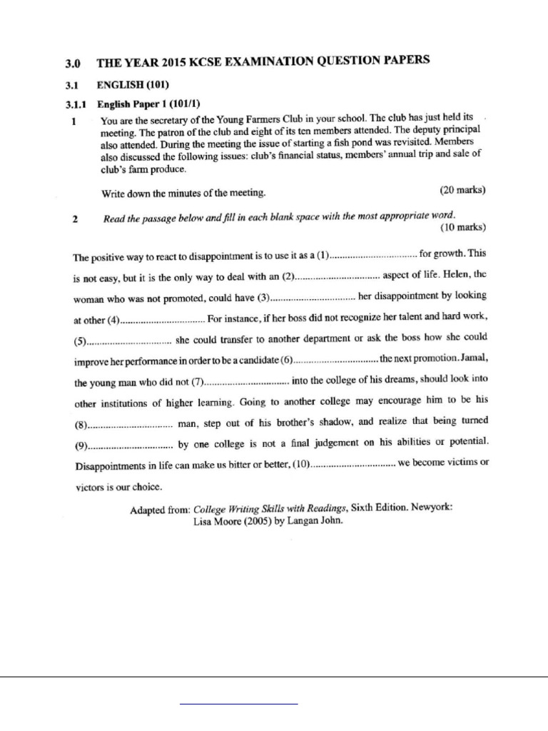 Kcse 2015 English Questions Paper 1 2 3 | PDF
