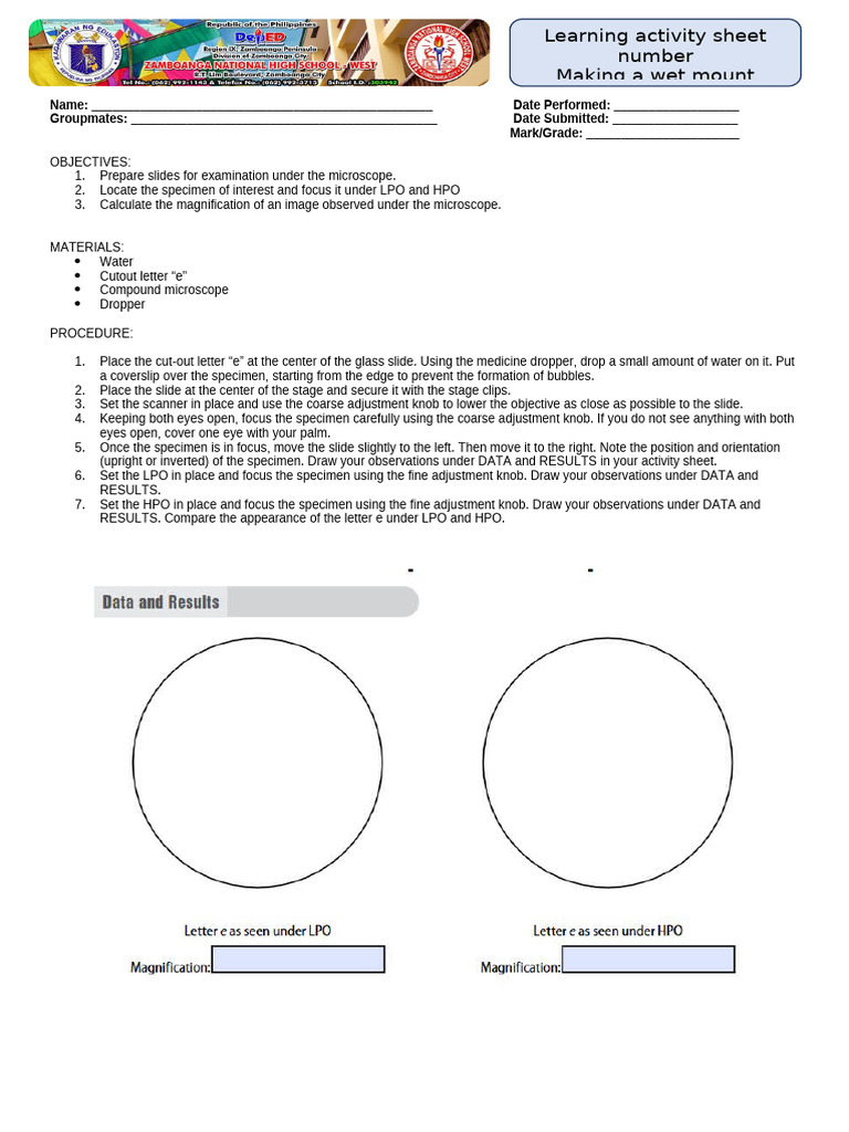 LAS. Making A Wet Mount Using The Letter e | PDF | Career & Growth ...