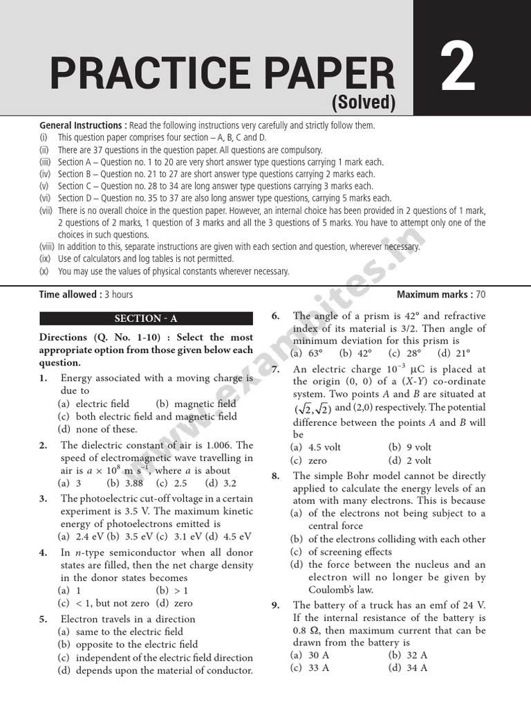 Physics Practice Paper with Solutions | PDF | Electron | Photoelectric ...