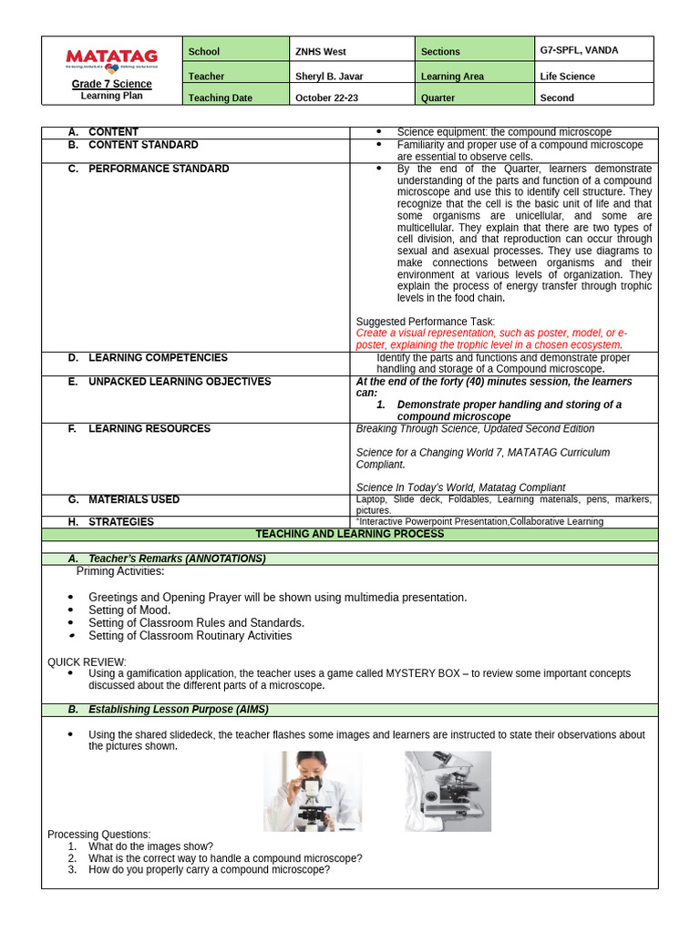 Lesson Plan On PROPER HANDLING OF A COMPOUND MICROSCOPE | PDF ...